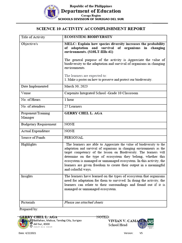 Accomplishment Report-Science 10 | PDF | Learning | Biodiversity