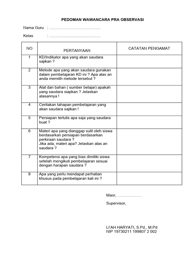1 Pedoman Wawancara Pra Observasi | PDF
