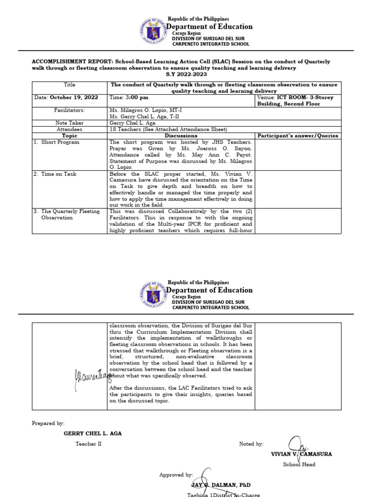 CarpenitoIS - LAC-Accomplishment Report | PDF | Learning | Lesson Plan