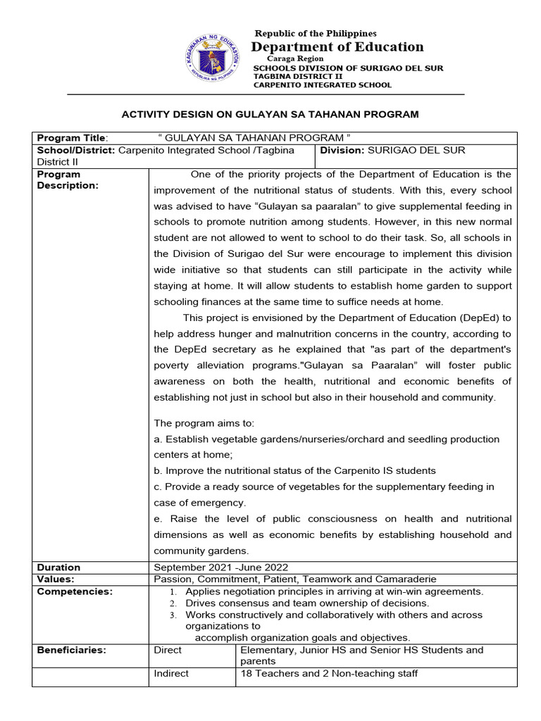 Gulayan sa Tahanan Program Design | PDF | Economies