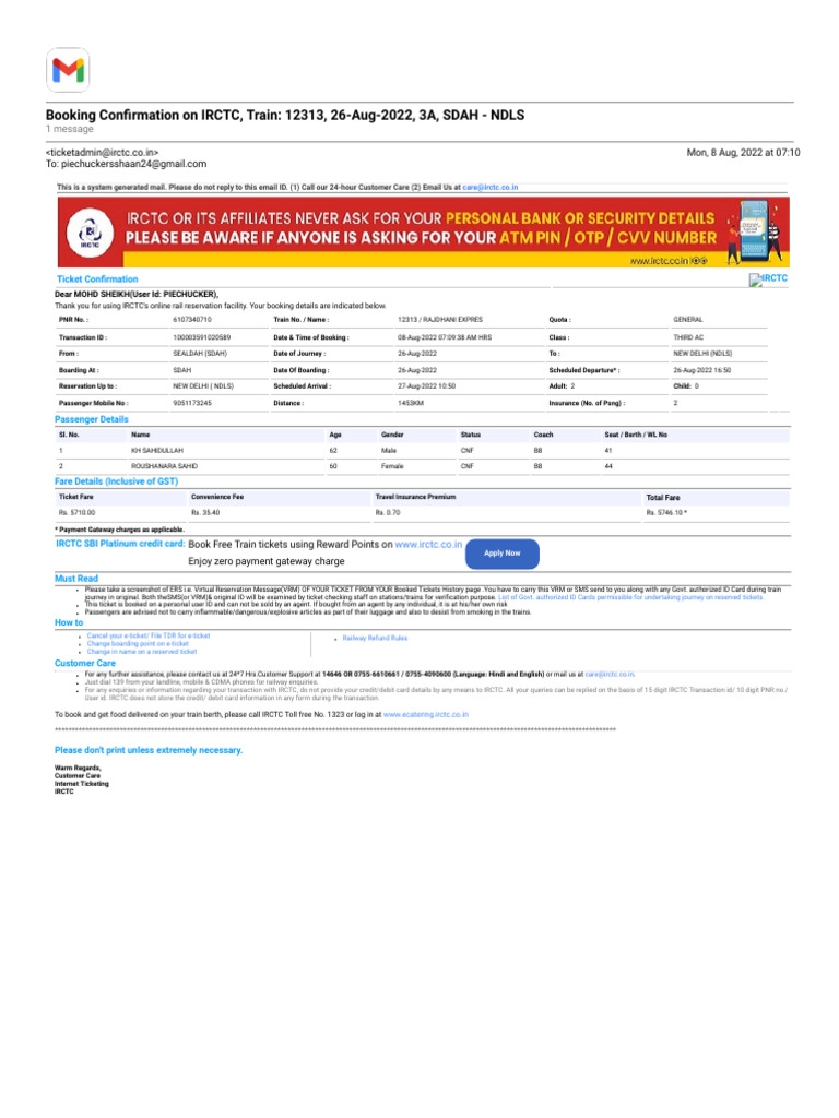 Gmail - Booking Confirmation On IRCTC, Train - 12313, 26-Aug-2022, 3A ...