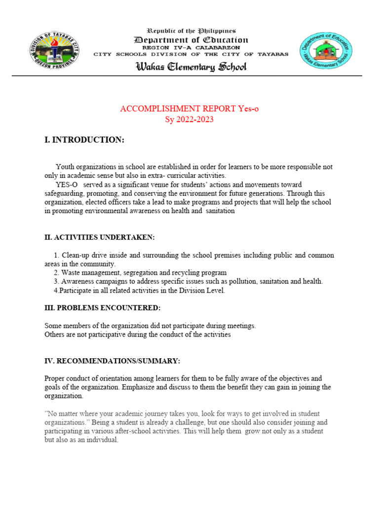 Accomplishment Report YesO | PDF