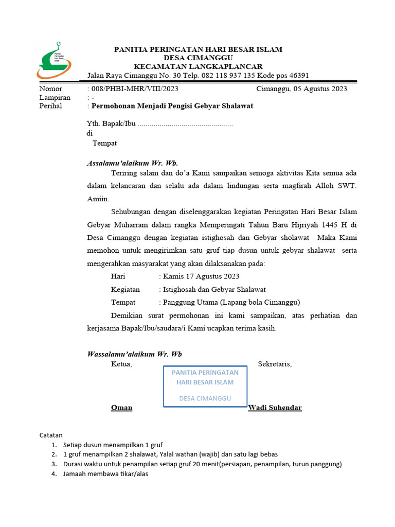 Surat Permohonan Pengisi Acara Sholawat | PDF