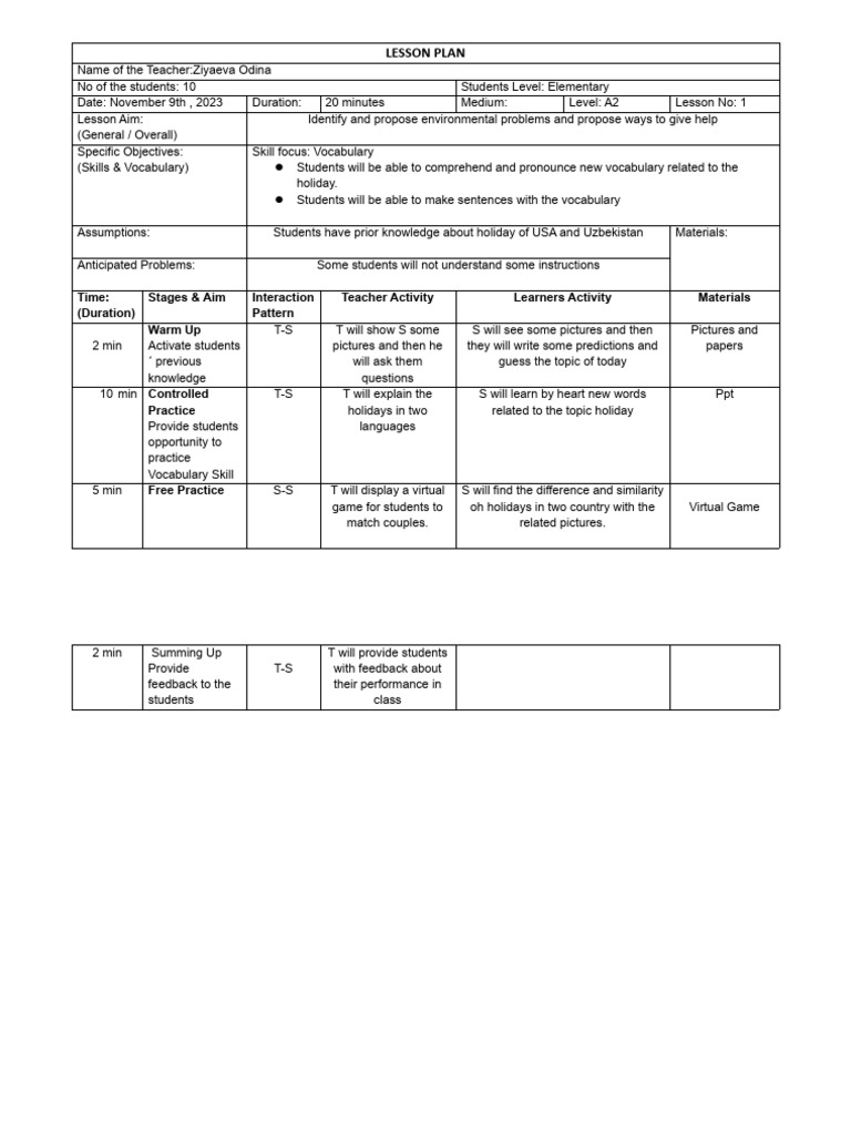 Lesson Plan Holiday | PDF | Vocabulary | Lesson Plan