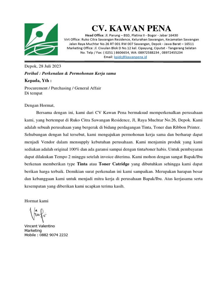 Surat Perkenalan CV. Kawan Pena | PDF