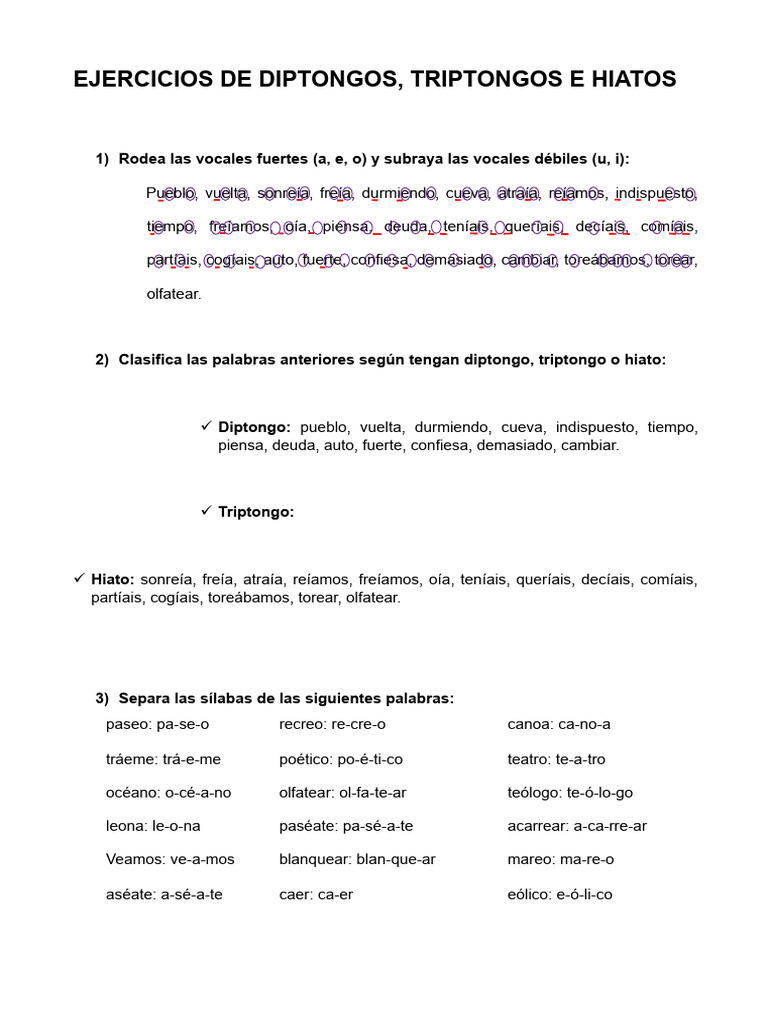 Ejercicios de Diptongos y Hiatos | PDF | Lingüística | Voz humana