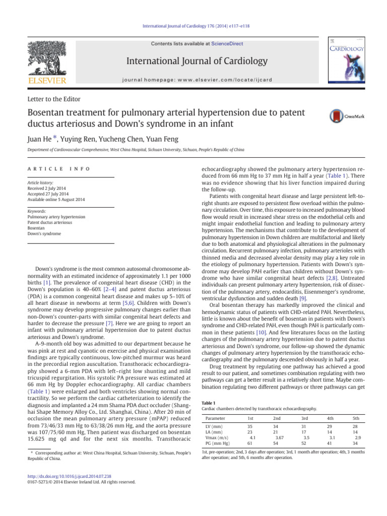Bosentan Treatment For Pulmonary Arterial Hypertension Due To Patent Ductus Arteriosus and Down ...