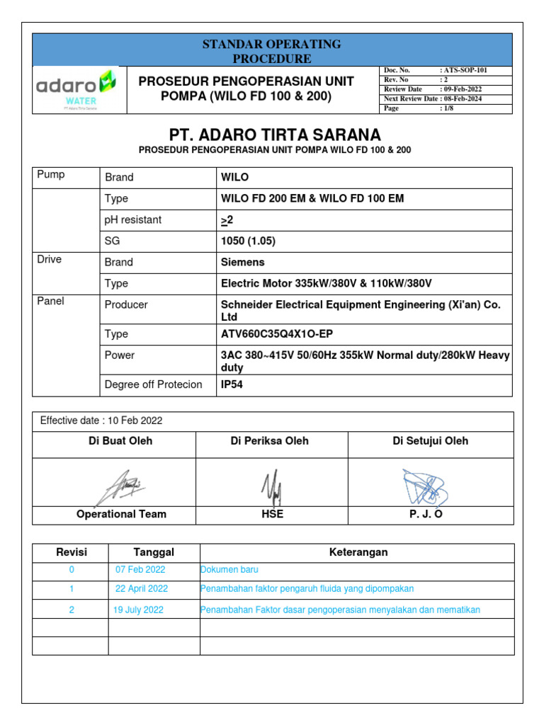 ATS-SOP-101 Prosedure Pengopersian Unit Pompa (Wilo FD 100 & 200) Rev-2 | PDF