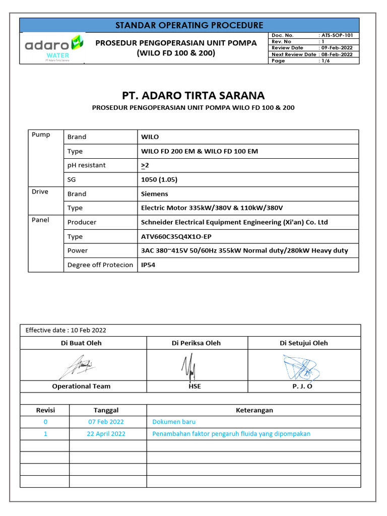 ATS-SOP-101 Prosedure Pengopersian Unit Pompa (Wilo FD 100 & 200) Rev-1 | PDF