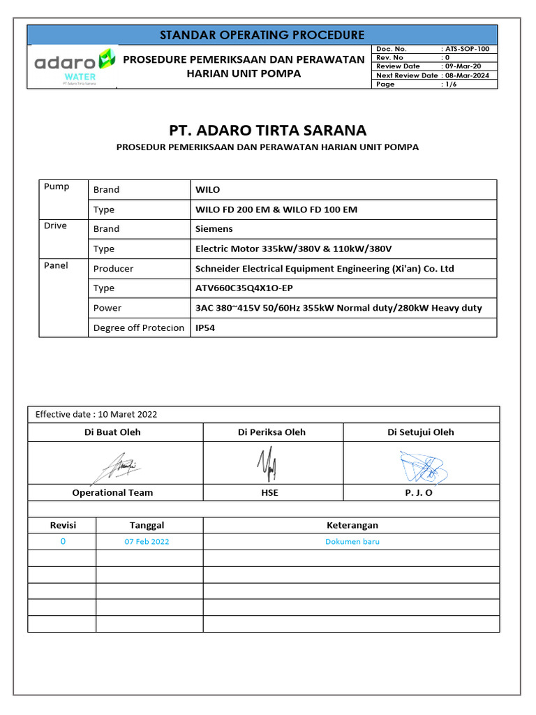 ATS-SOP-100 Prosedure Pemeriksaan Dan Perawatan Harian | PDF