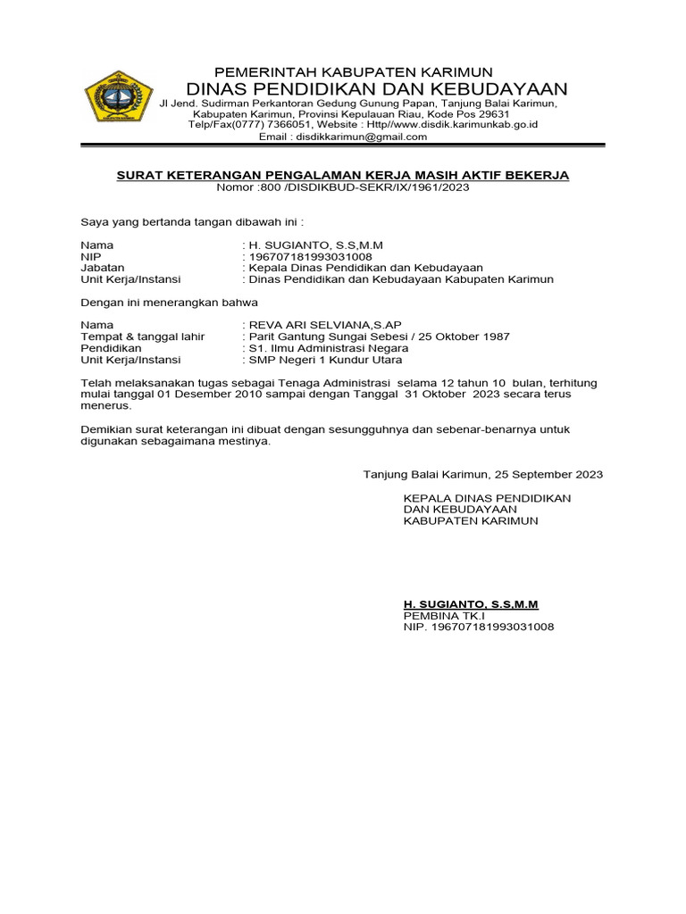 Surat Keterangan Pengalaman Kerja Reva | PDF