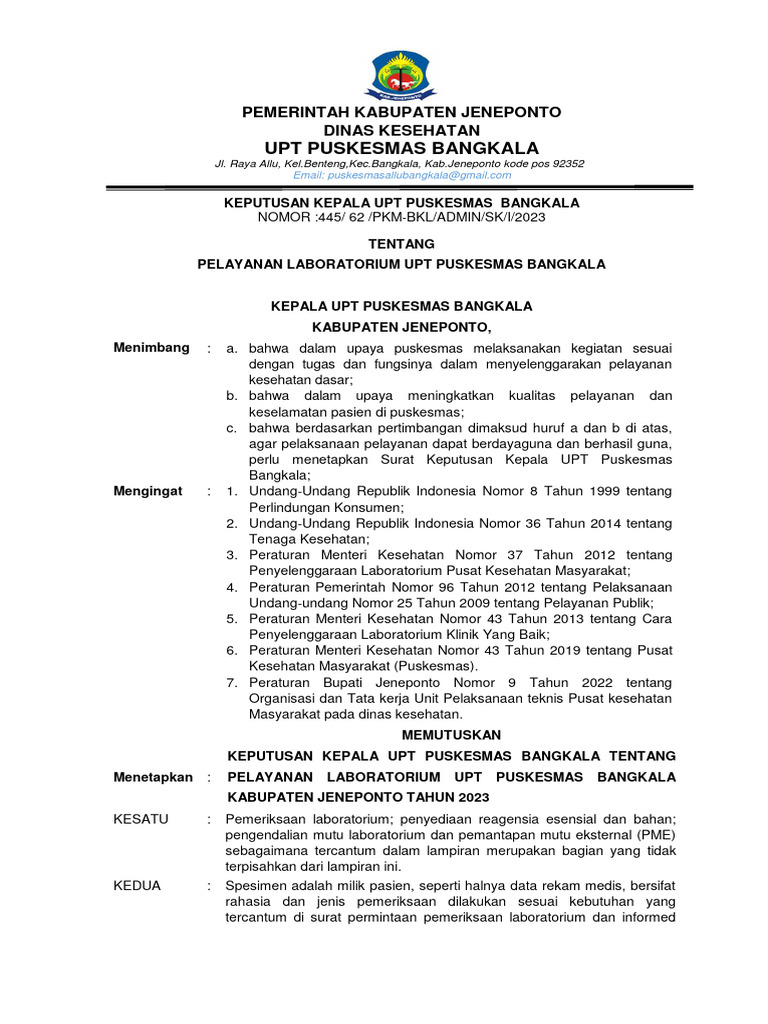 62 SK Tentang Jenis Pelayanan Laboratorium | PDF