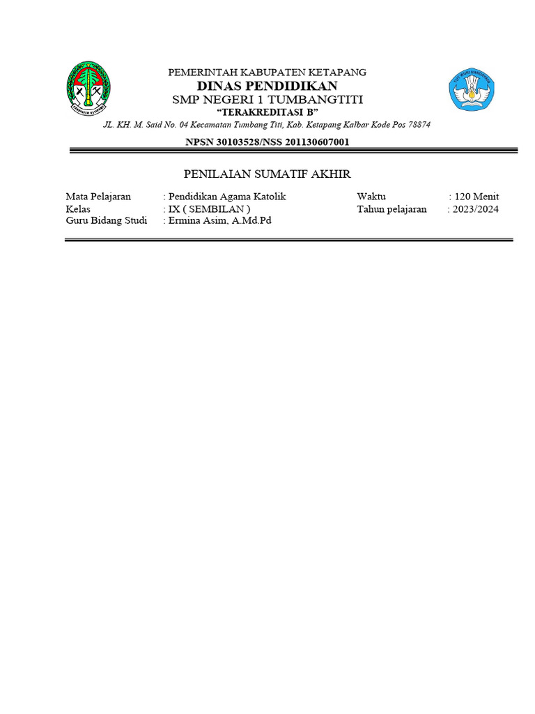 Kop Penilaian Akhir Sumatif Gasal 2324 | PDF