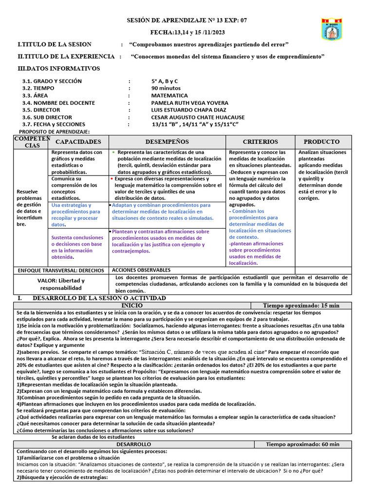 Sesión de Aprendizaje-01-Exp 07-Mat-5°-Vega 2023 | PDF | Evaluación | Aprendizaje