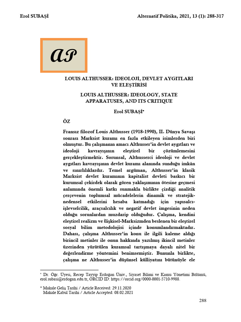 10 Erol Subasi Louis Althusser Ideoloji Devlet Aygitlari Ve Elestirisi | PDF
