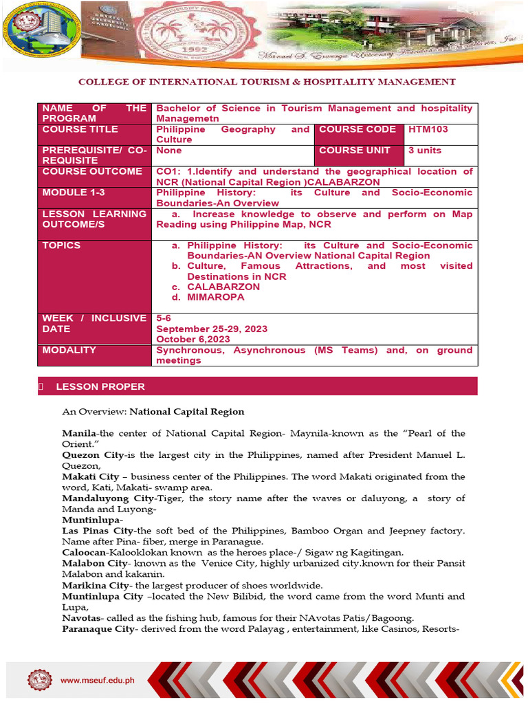 Course Module Philippine Geography Midterm NCR | PDF Course Module Philippine Geography Midterm NCR | PDF