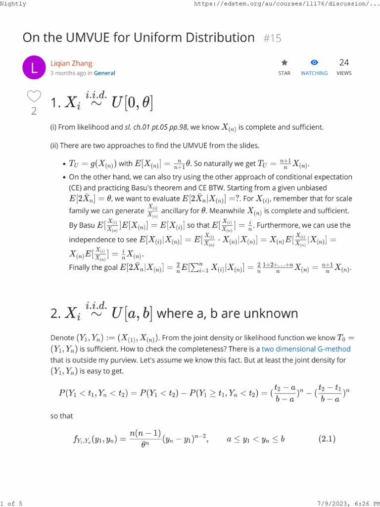 On the UMVUE for Uniform Distribution | PDF