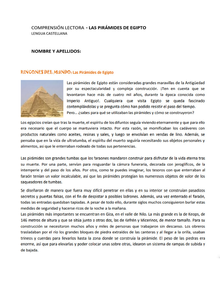 Comprensión Lectora: Las Pirámides de Egipto | PDF | Hogar, jardinería ...