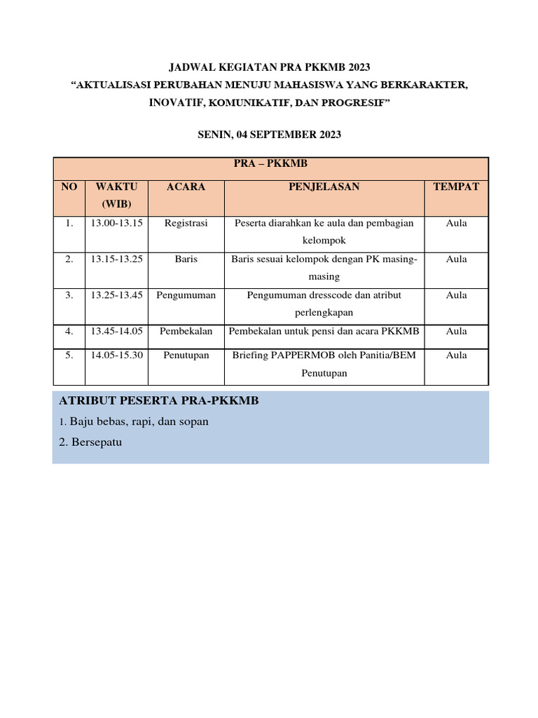 Jadwal Kegiatan Peserta PKKMB 2023 | PDF