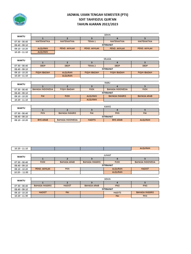 Jadwal PTS SDIT Tahfidzul Qur'an 2023 | PDF