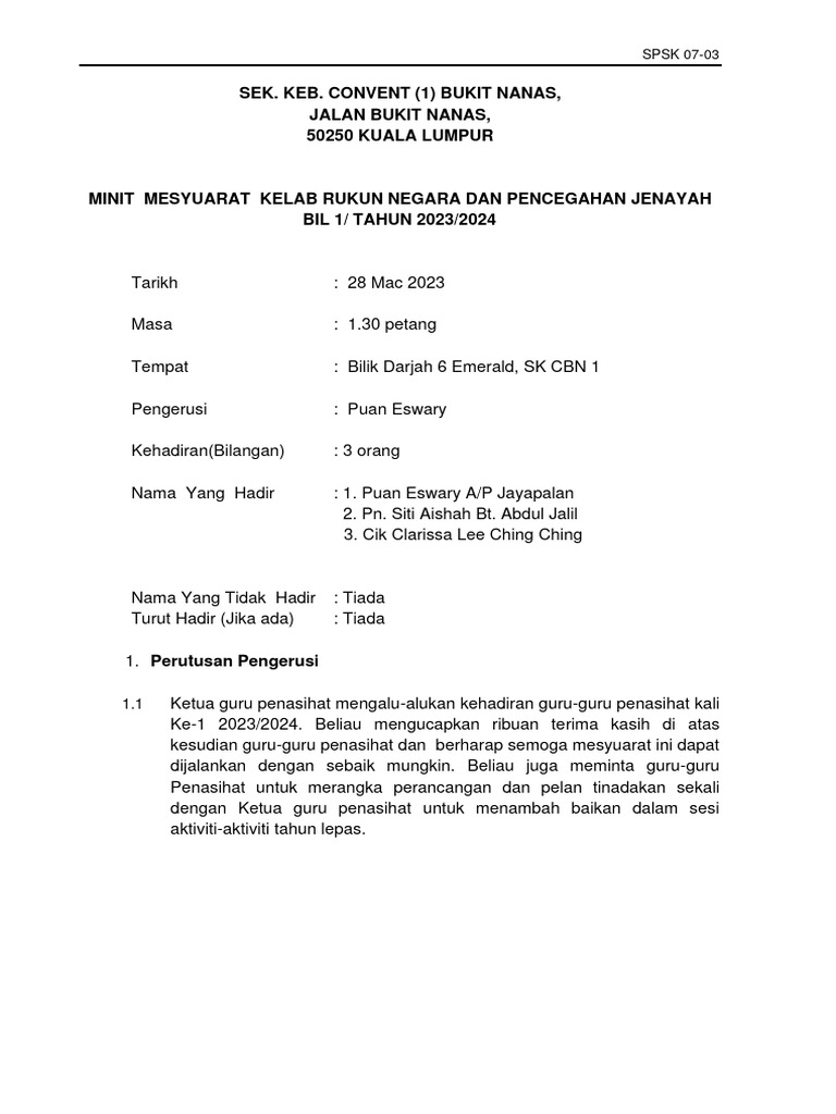 MINIT MESYUARAT Kelab Rukun Negara Dan Pencegahan Jenayah BIL 1 2023-2024 | PDF