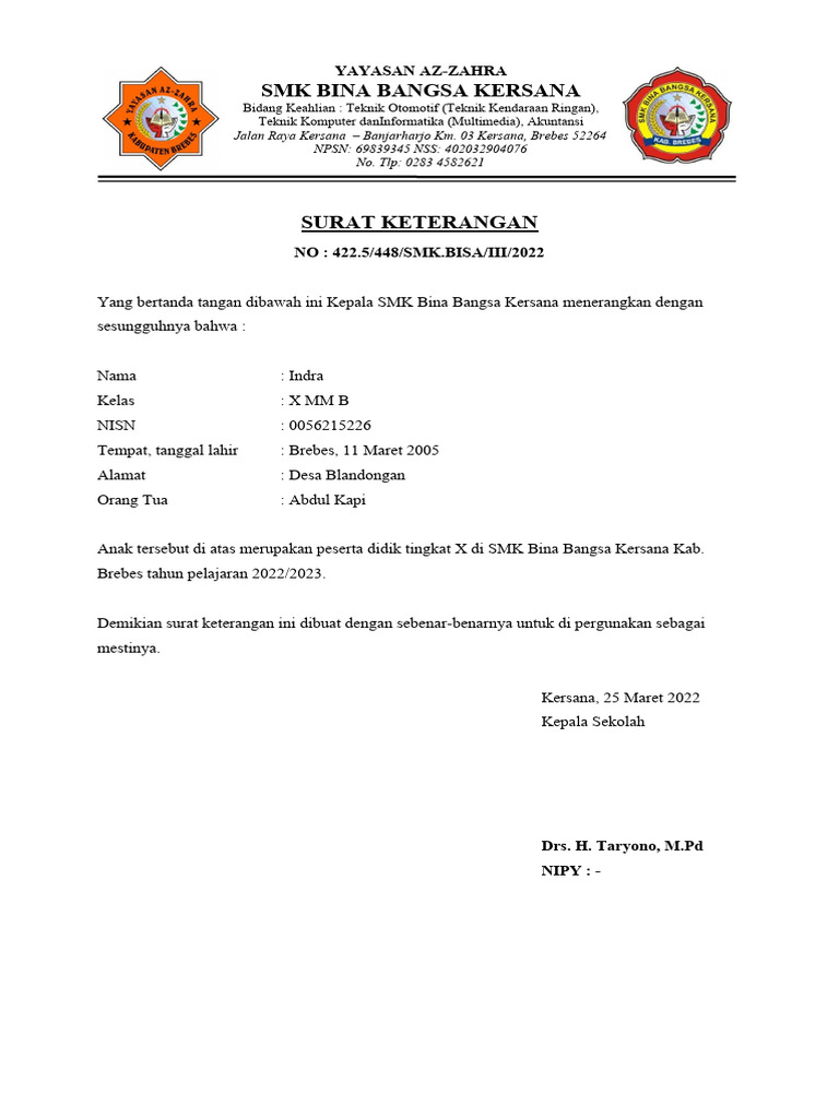 Surat Keterangan Siswa Pdf
