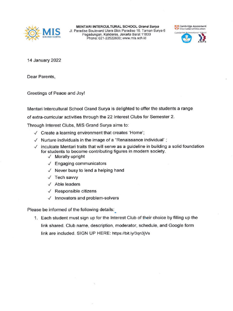 IC Second Sem Letter To Parents | PDF | Cognitive Science | Psychology