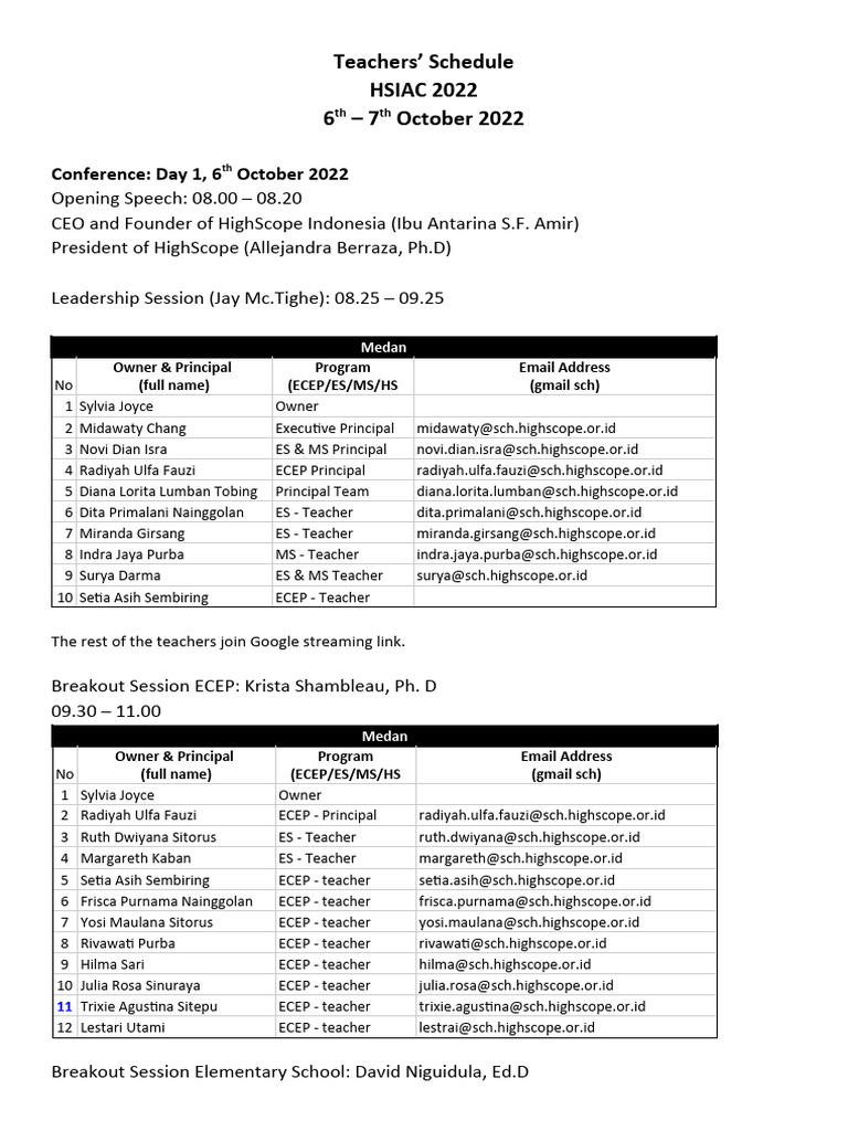 Teachers' Schedule HSIAC 2022 | PDF | Email