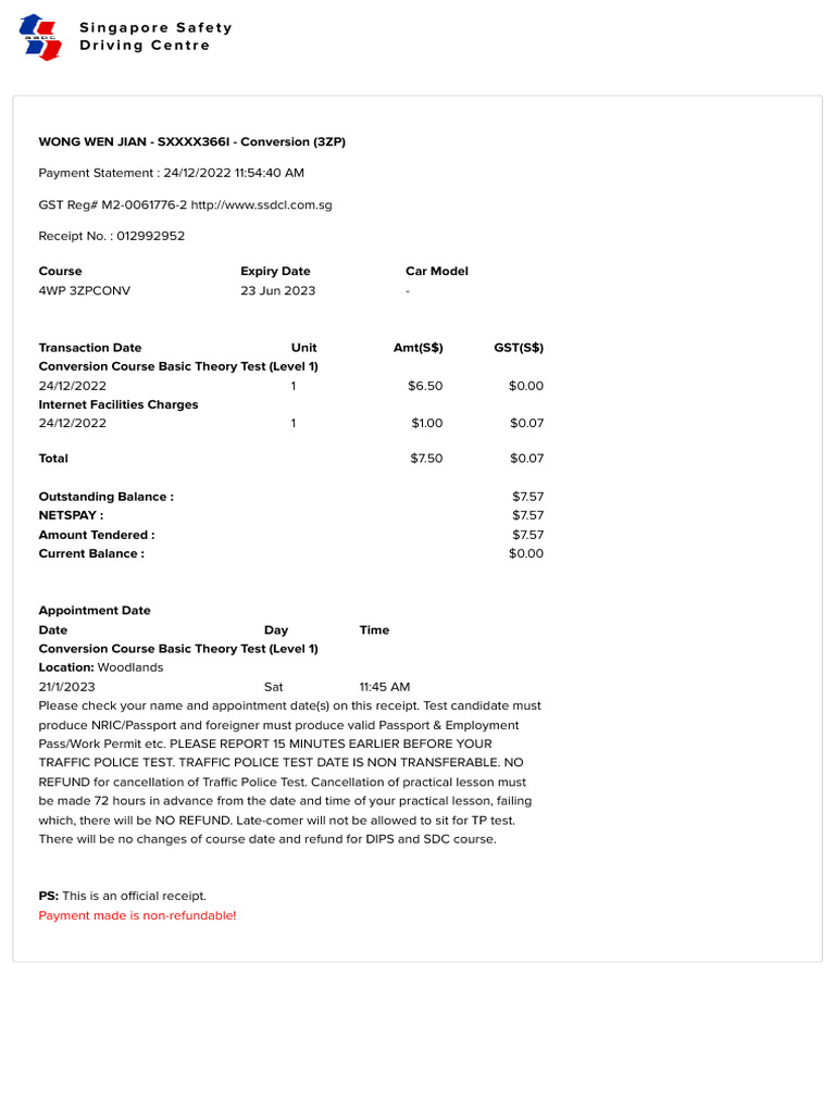 Singapore Safety Driving Center (SSDC) BTT | PDF