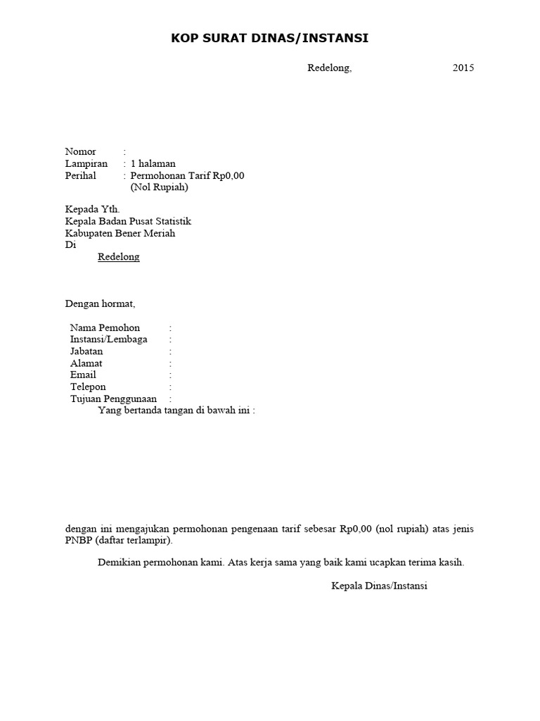 Format Surat Permohonan PNBP 0 Rupiah | PDF
