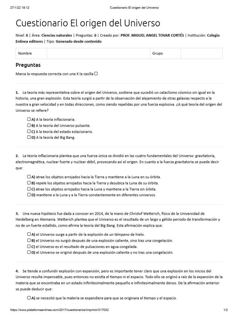 Cuestionario El Origen de | PDF | Universo | Big Bang