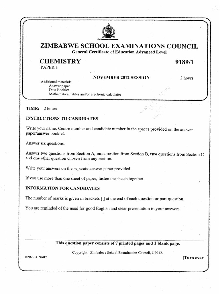 Zimsec A Level Chemistry Paper 1 November 2012 MxQ0PAECv25mB11JZwp | PDF