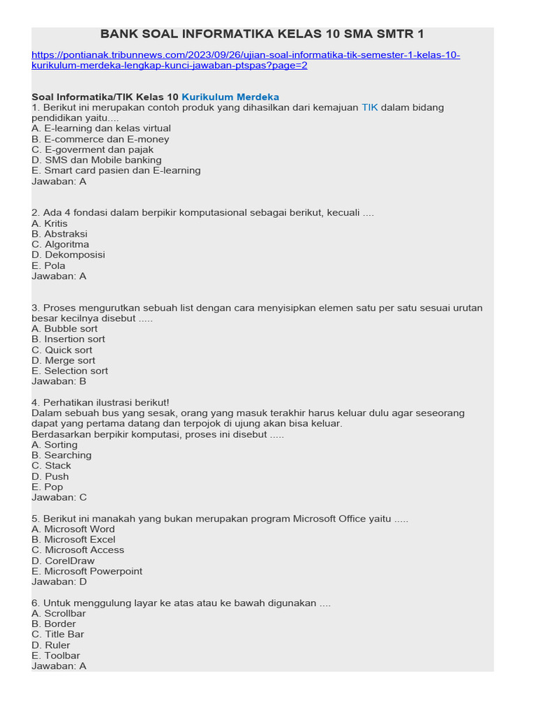 Bank Soal Informatika Kelas 10 Sma SMTR 1 | PDF