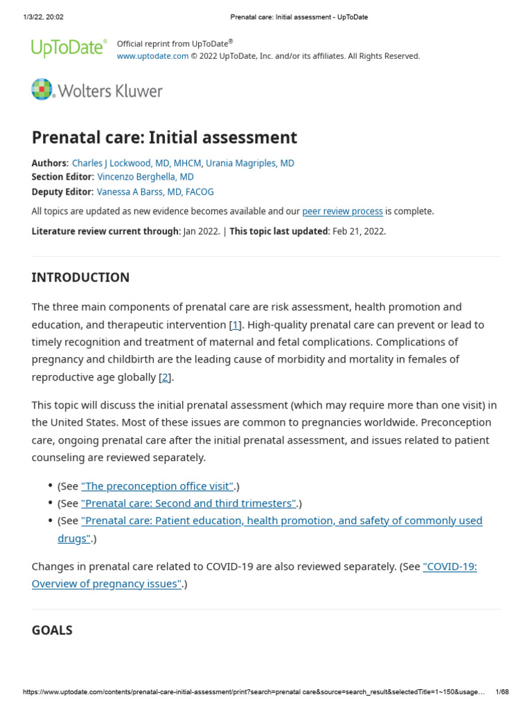 Prenatal Care - Initial Assessment - UpToDate | PDF | Pregnancy | Health Sciences