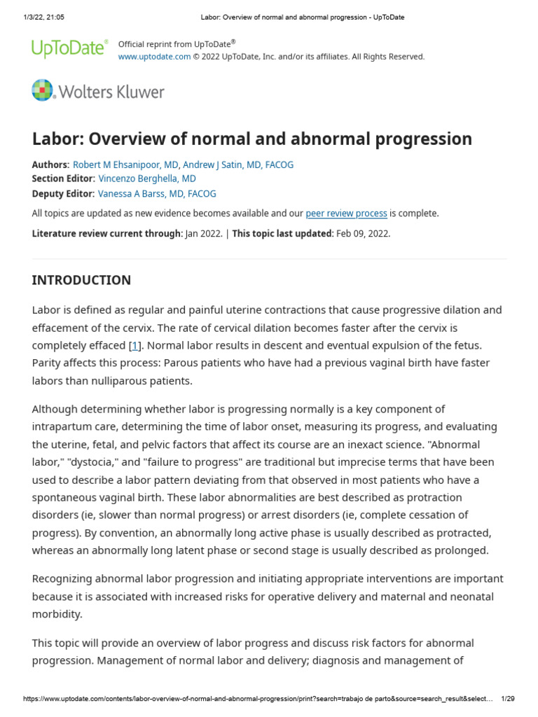 Labor - Overview of Normal and Abnormal Progression - UpToDate | PDF ...