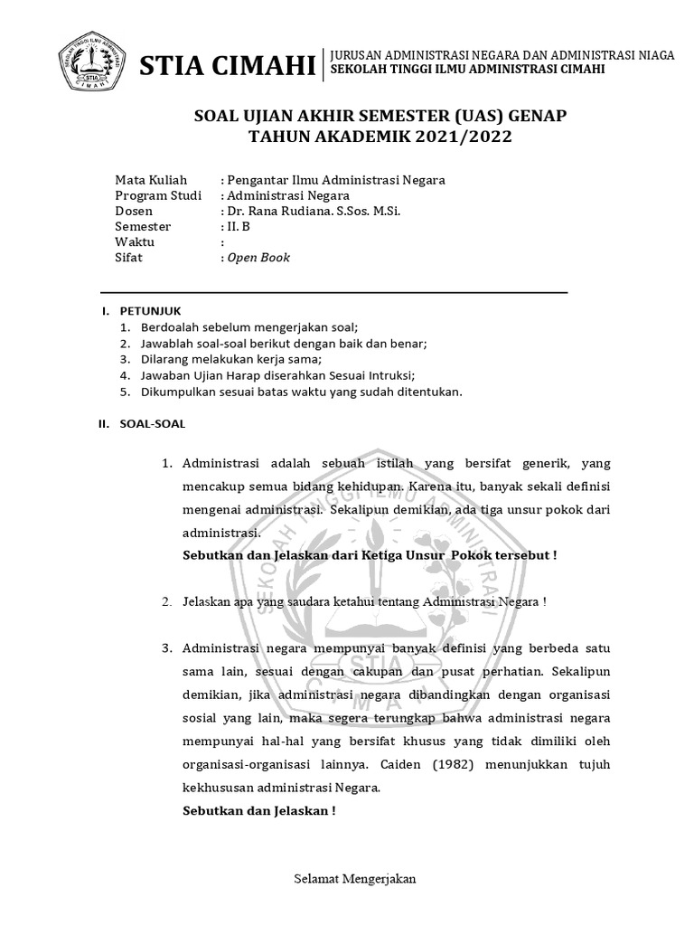 Pengantar Ilmu Administrasi Negara-Soal-Uas | PDF