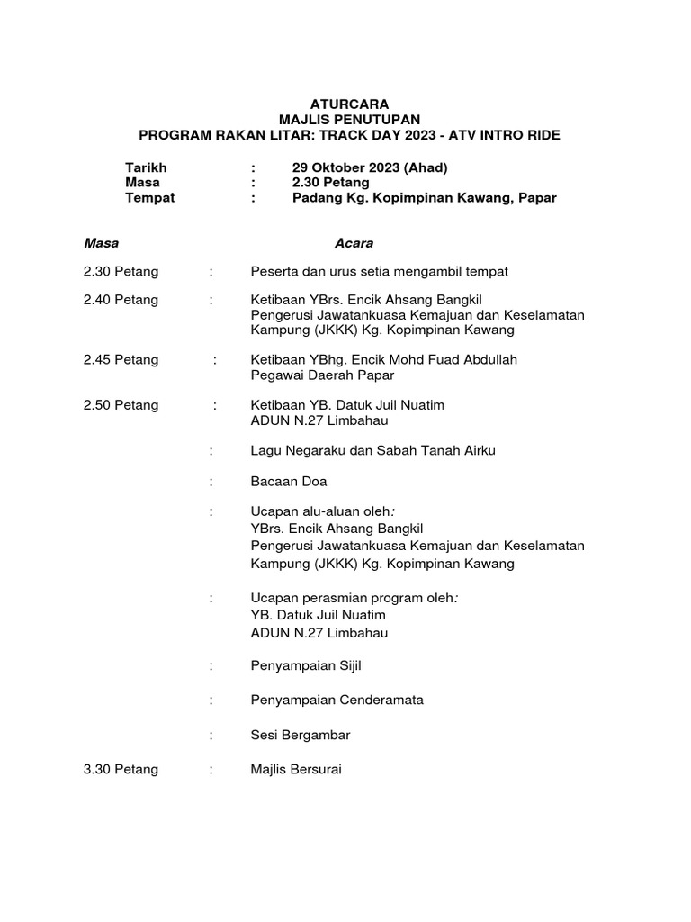 Aturcara Majlis Perasmian Rakan Litar | PDF