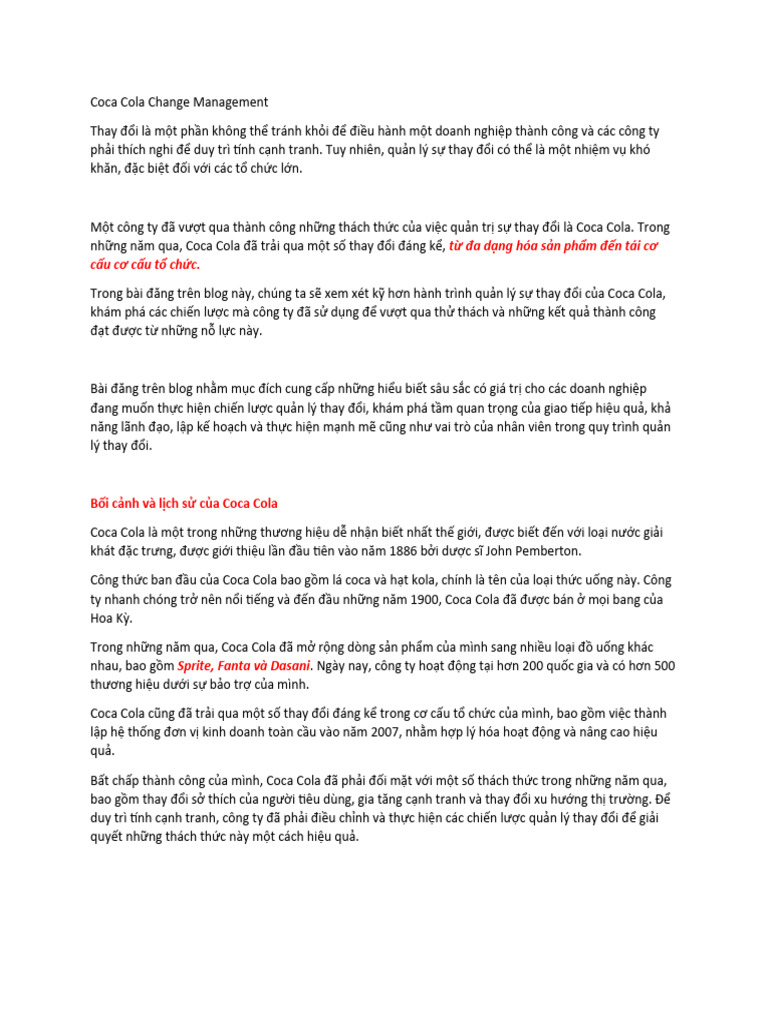 Coca Cola Change Management | PDF