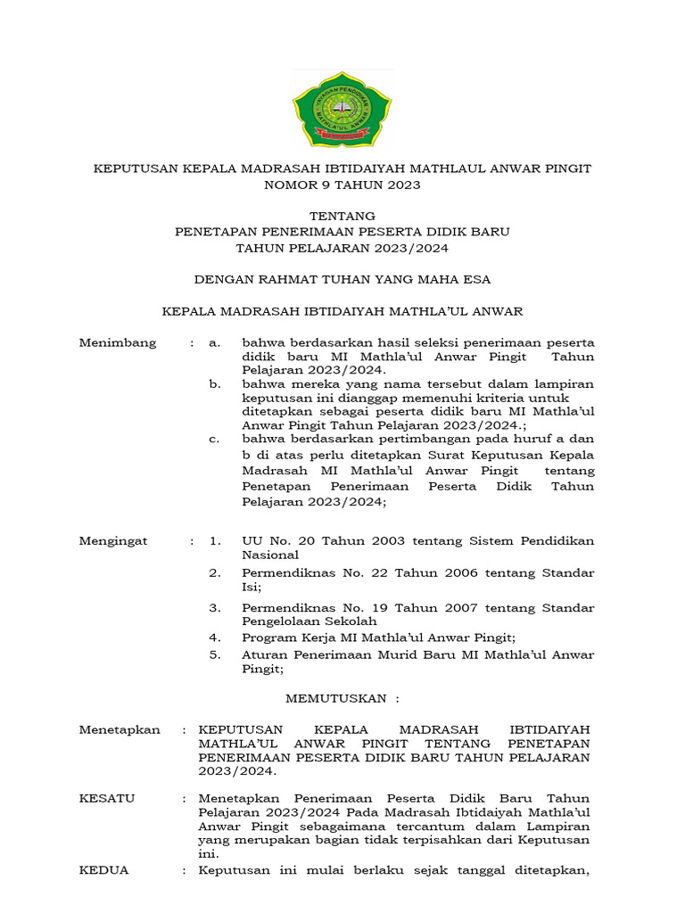SK Penerimaan Siswa Baru 2023/2024 | PDF