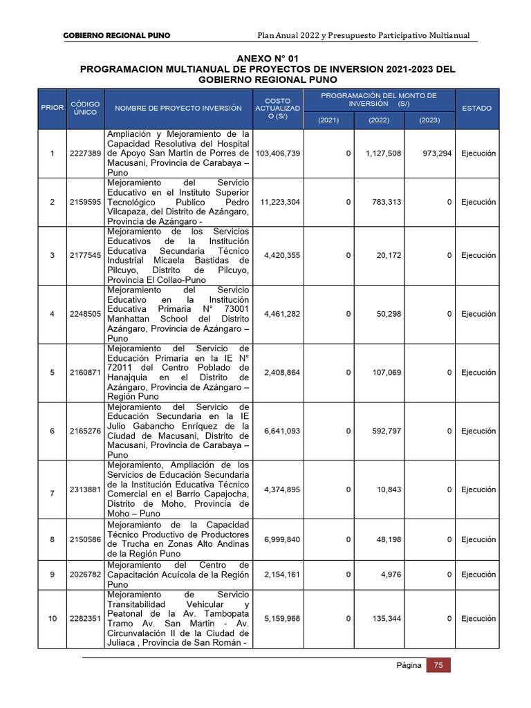 Anexo 01 Proyectos de Inversion 2021-2023-Puno | PDF