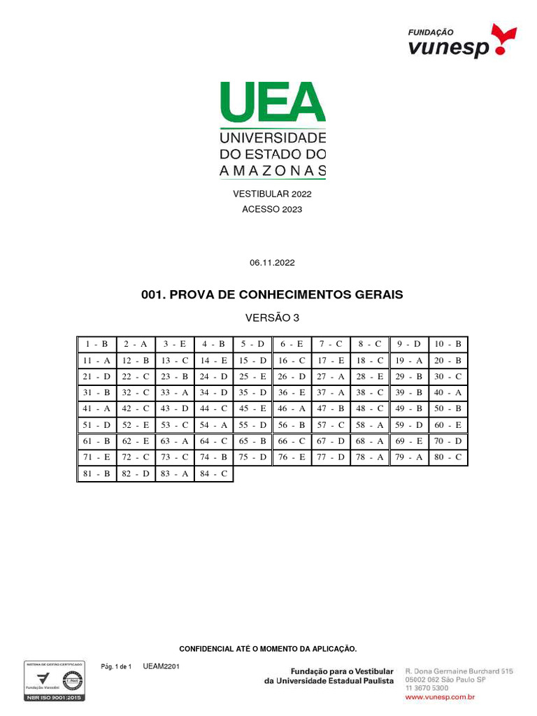 Gabarito Uea 2022 Versao 03 | PDF | Métodos e Materiais de Ensino | Tecnologia e Engenharia