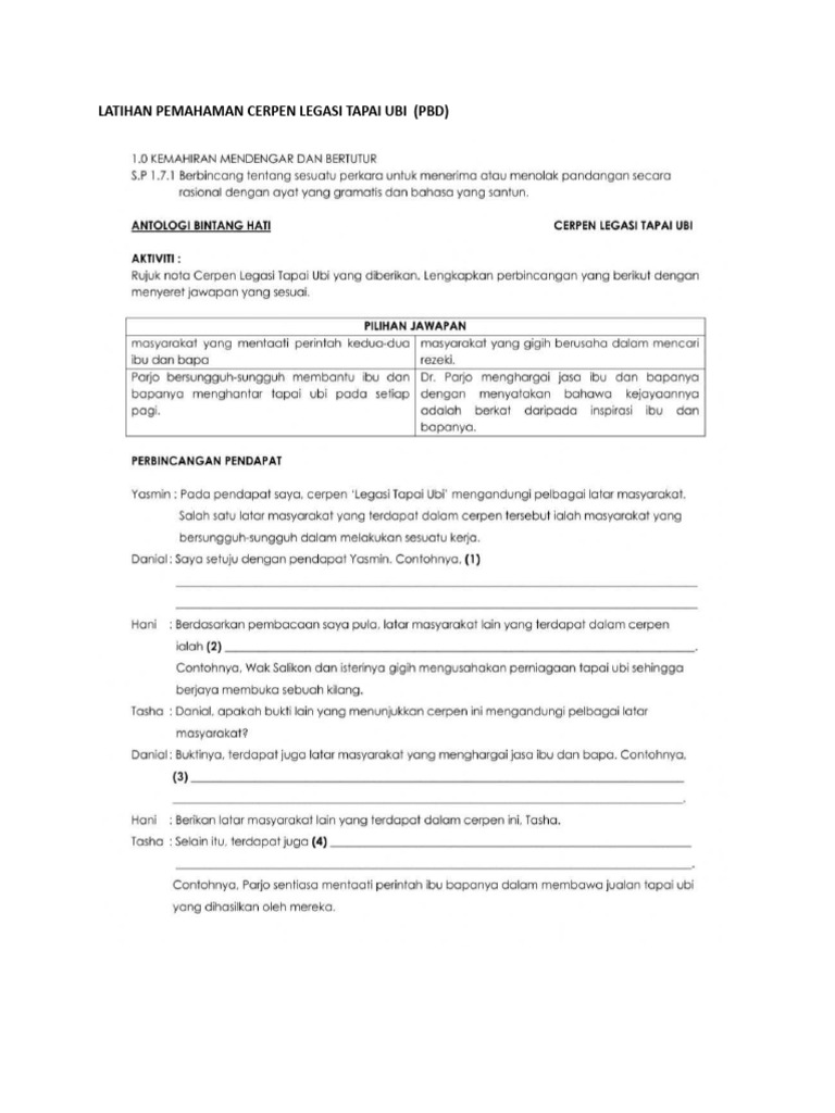 Latihan Soalan Cerpen Legasi Tapai Ubi | PDF
