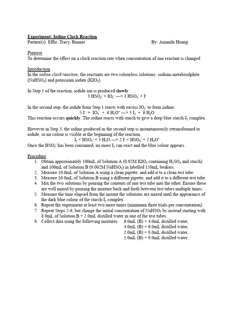 Iodine Clock Lab | PDF | Iodine | Chemistry