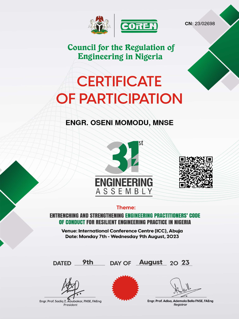 COREN Assembly Certificate (Id - 2698) | PDF