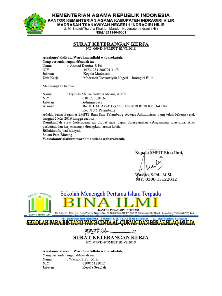 Contoh Surat Keterangan Kerja | PDF