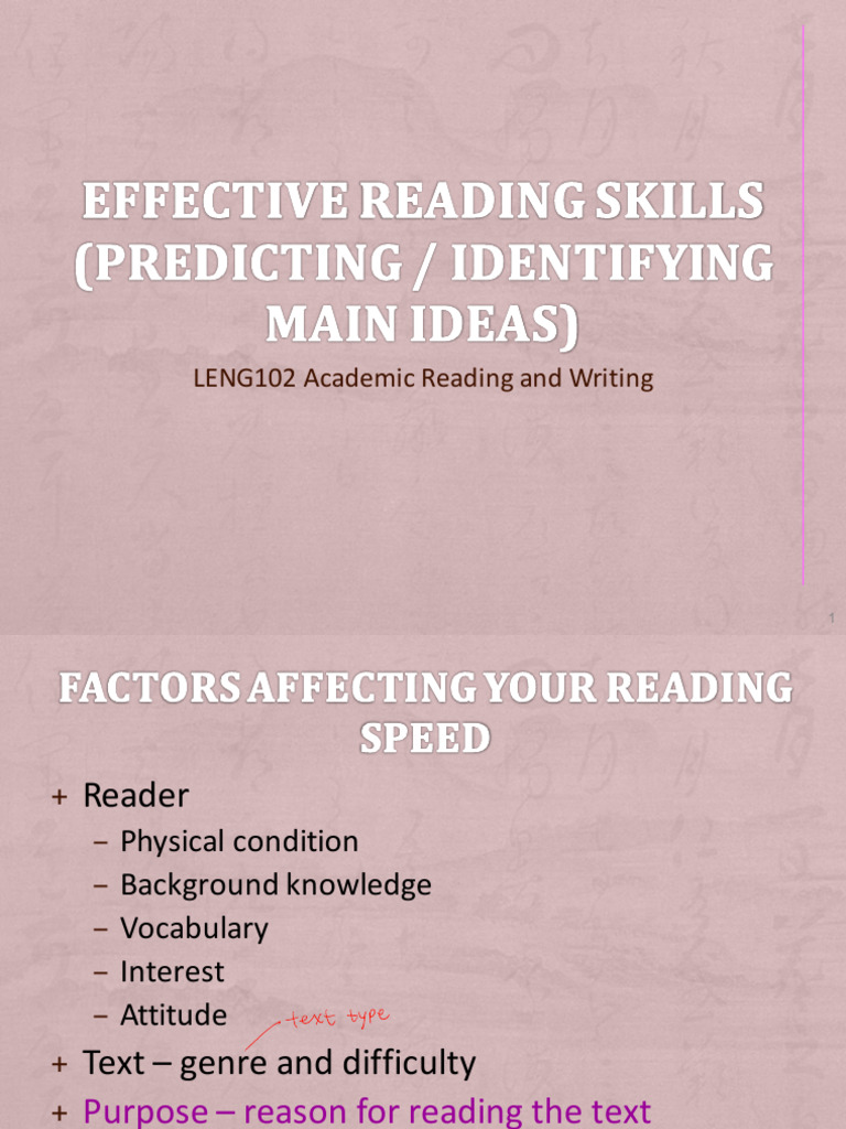 Lecture 3 Effective Reading Skills (Predicting Identifying Main Ideas) - Student | PDF ...