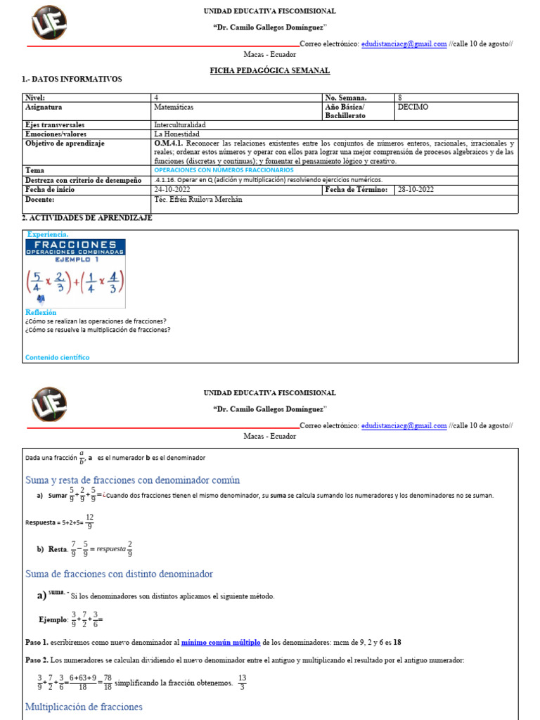 Guia Semana 8-10mo Egb Matematica - Efren | PDF | Números | Multiplicación