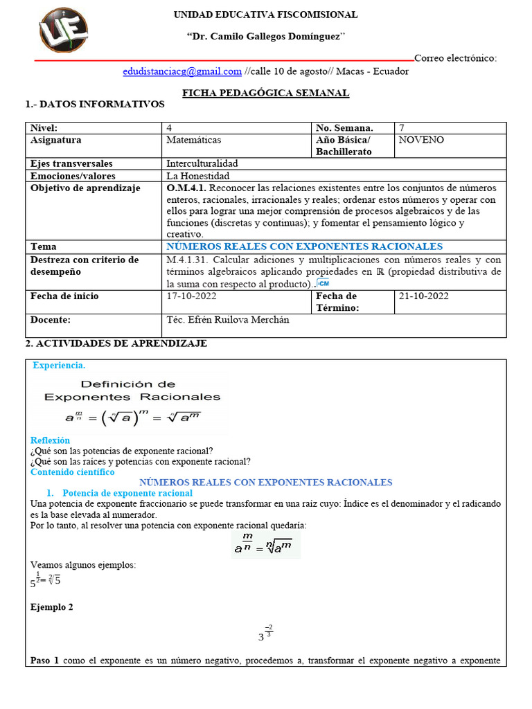 Guia Semana 7-10mo Egb Matematica - Efren | PDF | Exponenciación | Números