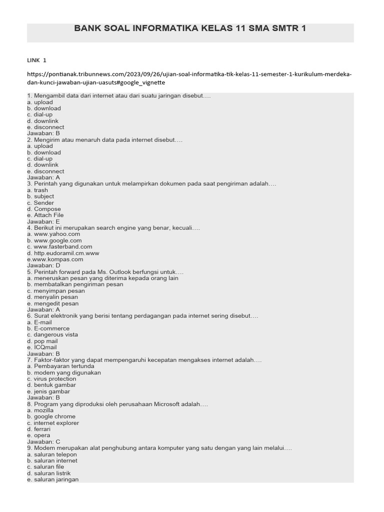 BANK SOAL INFORMATIKA KELAS 11 SMA SMTR 1 | PDF
