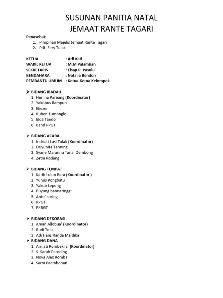 Susunan Panitia Natal JRT 2023 | PDF